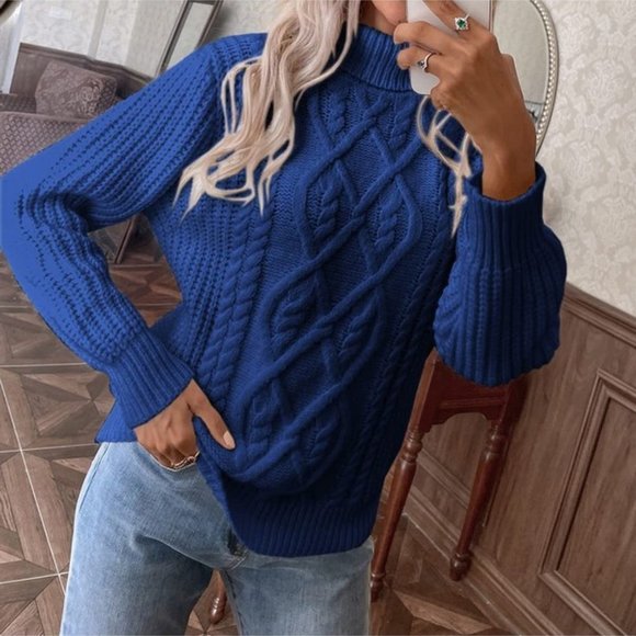 Sweaters | Womens Long Sleeve Knit Cable High Collar Sweater Blue ...